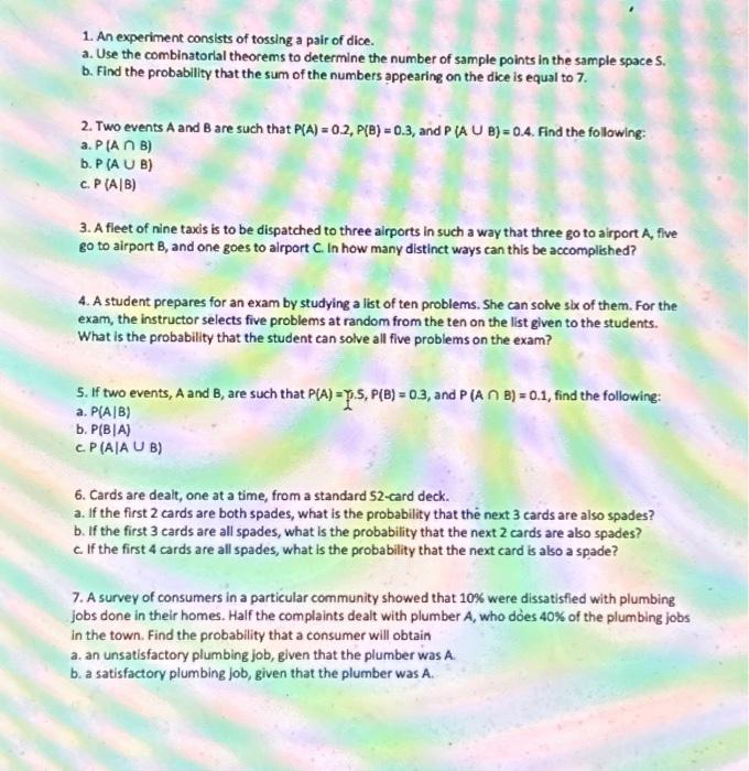 Solved 1. An experiment consists of tossing a pair of dice. | Chegg.com