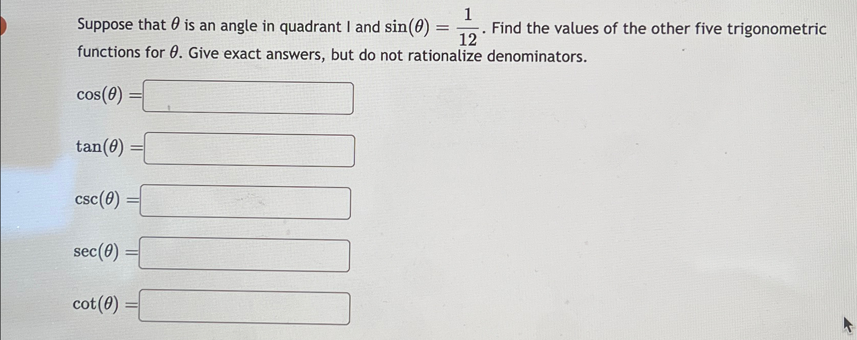 Solved Suppose that θ ﻿is an angle in quadrant I and | Chegg.com
