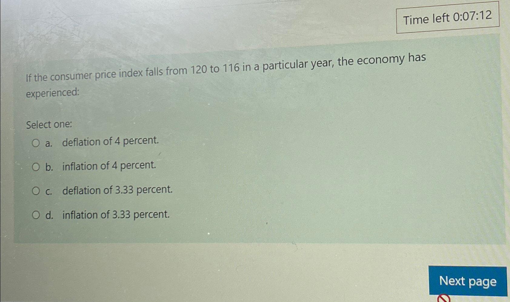 Solved Time left 0:07:12If the consumer price index falls | Chegg.com