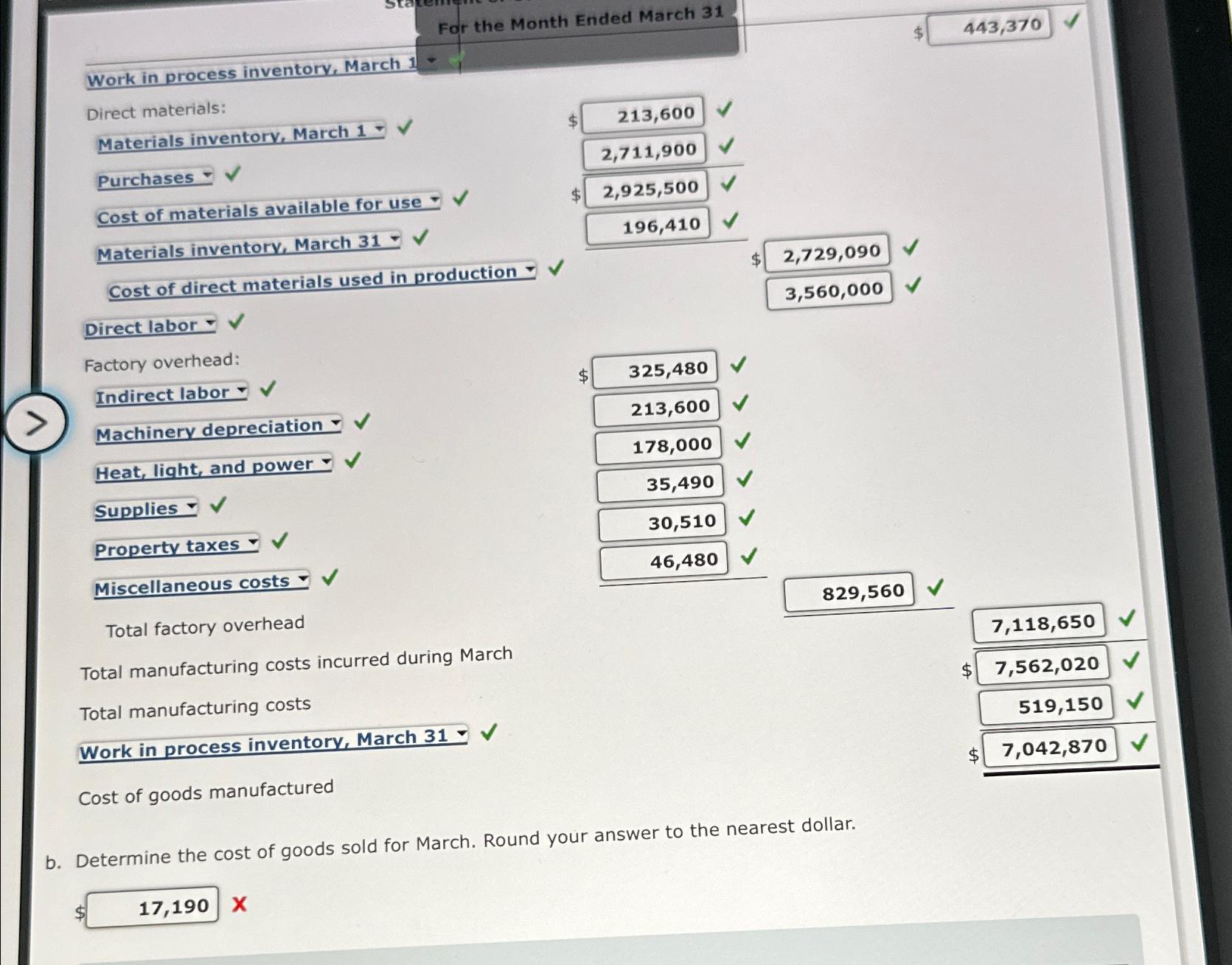 Solved Work in process inventory, March 1For the Month Ended | Chegg.com