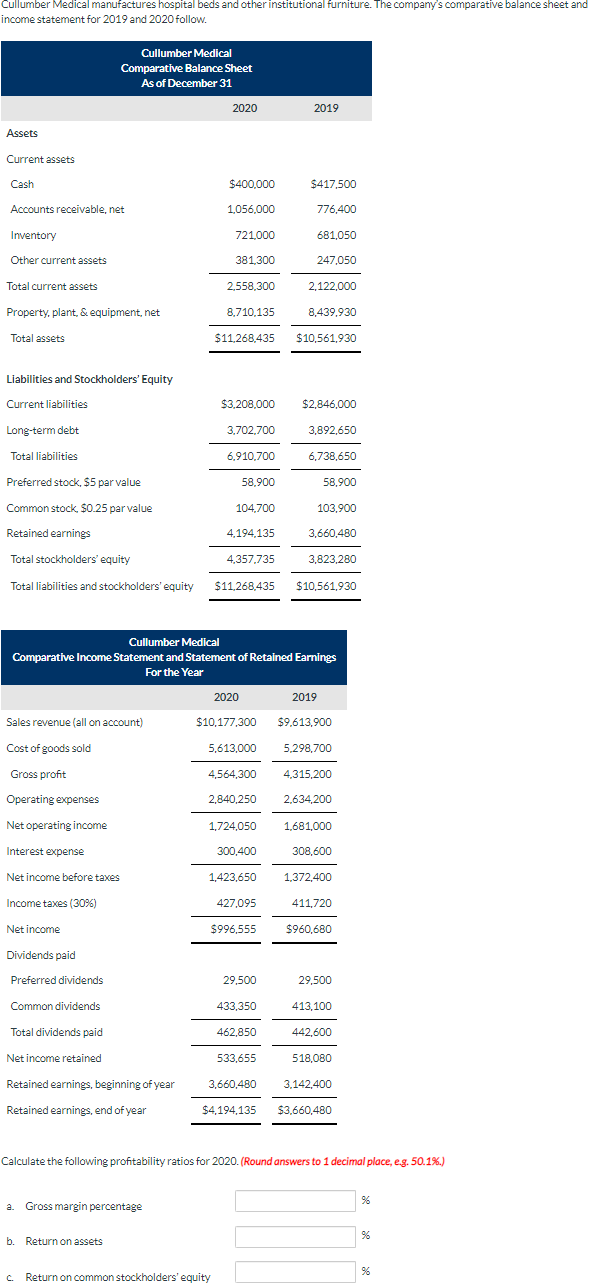 Solved income statement for 2019 ﻿and 2020 ﻿follow.Calculate | Chegg.com