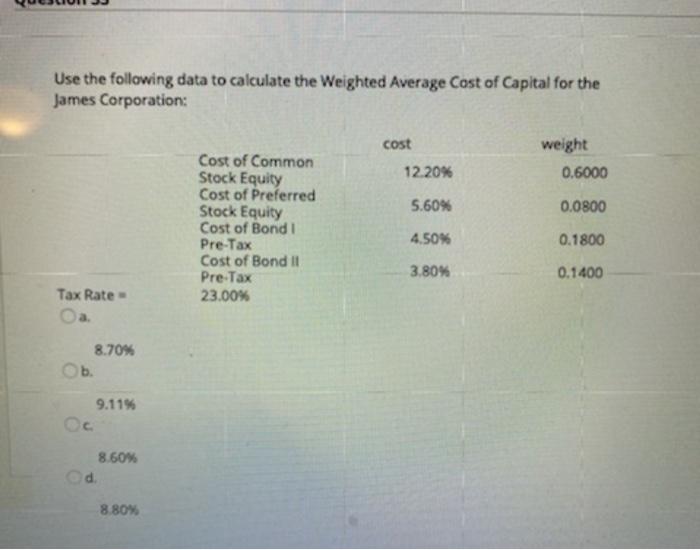 Solved Use the following data to calculate the Weighted | Chegg.com
