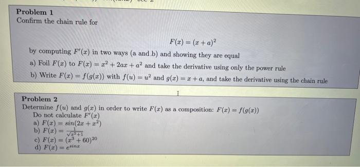 Problem 1 Confirm the chain rule for F(x)=(x+a)2 by | Chegg.com