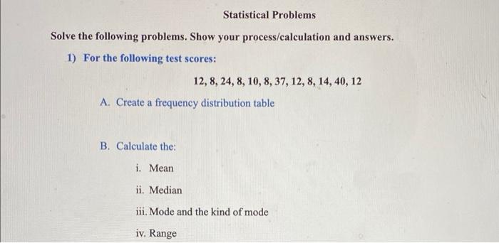 Solved Statistical Problems Solve the following problems. | Chegg.com