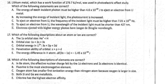 Solved 16. Lithium metal, which has a work function of 279.7 | Chegg.com