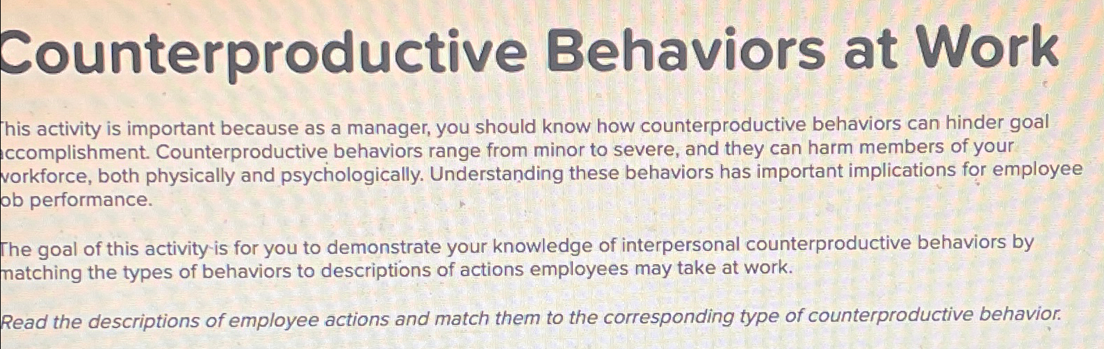 Solved ounterproductive Behaviors at Workhis activity is | Chegg.com