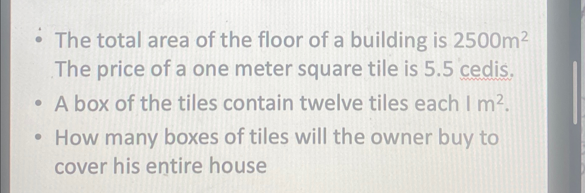 Solved The total area of the floor of a building is 2500m2 | Chegg.com