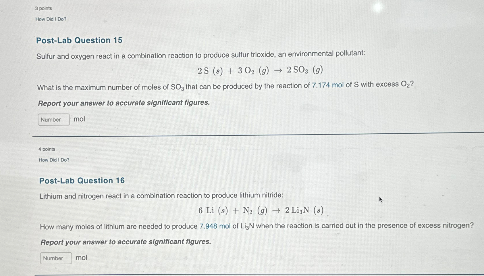 Solved 3 ﻿pointsHow Did I Do?Post-Lab Question 15Sulfur and | Chegg.com