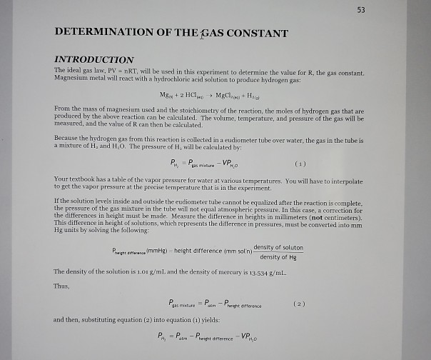 53 DETERMINATION OF THE GAS CONSTANT INTRODUCTION The | Chegg.com