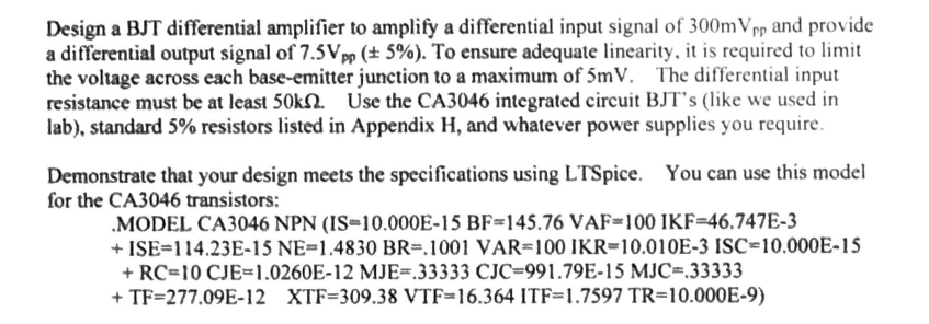 Solved Design a BJT differential amplifier to amplify a | Chegg.com