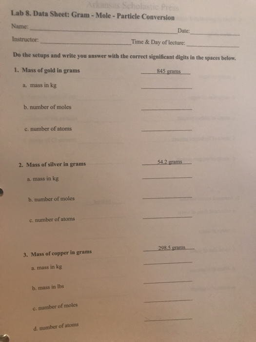 Solved Lab 8. Data Sheet: Gram - Mole - Particle Conversion | Chegg.com