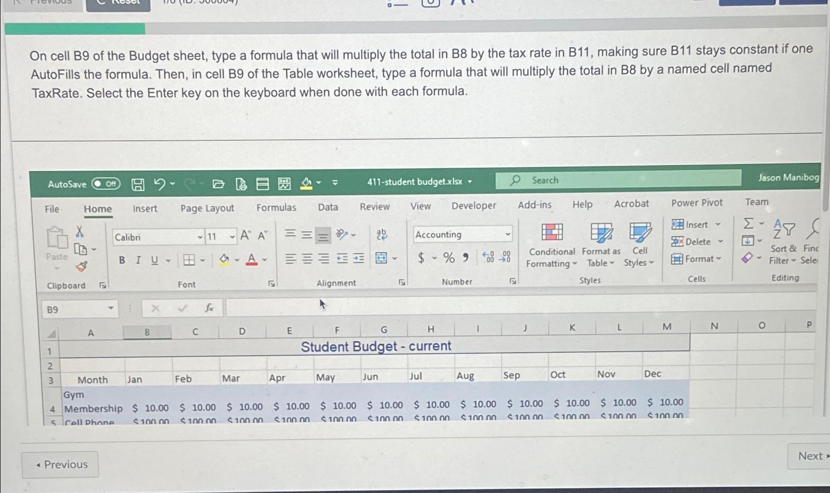 Solved On cell B9 ﻿of the Budget sheet, type a formula that | Chegg.com