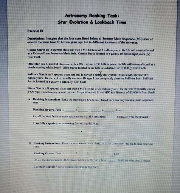 Solved Astronomy Ranking Task: Star Evolution & Lookback | Chegg.com