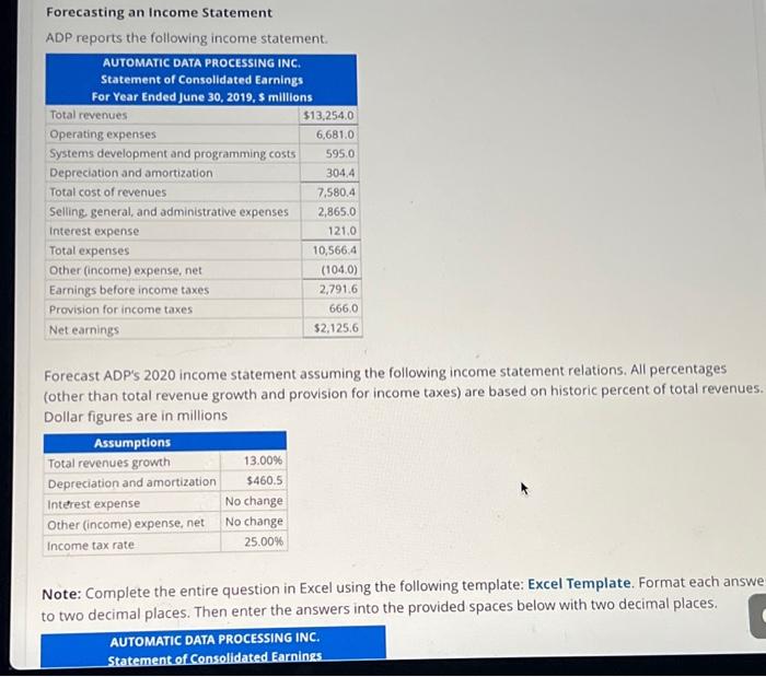 Forecasting an Income Statement ADP reports the | Chegg.com