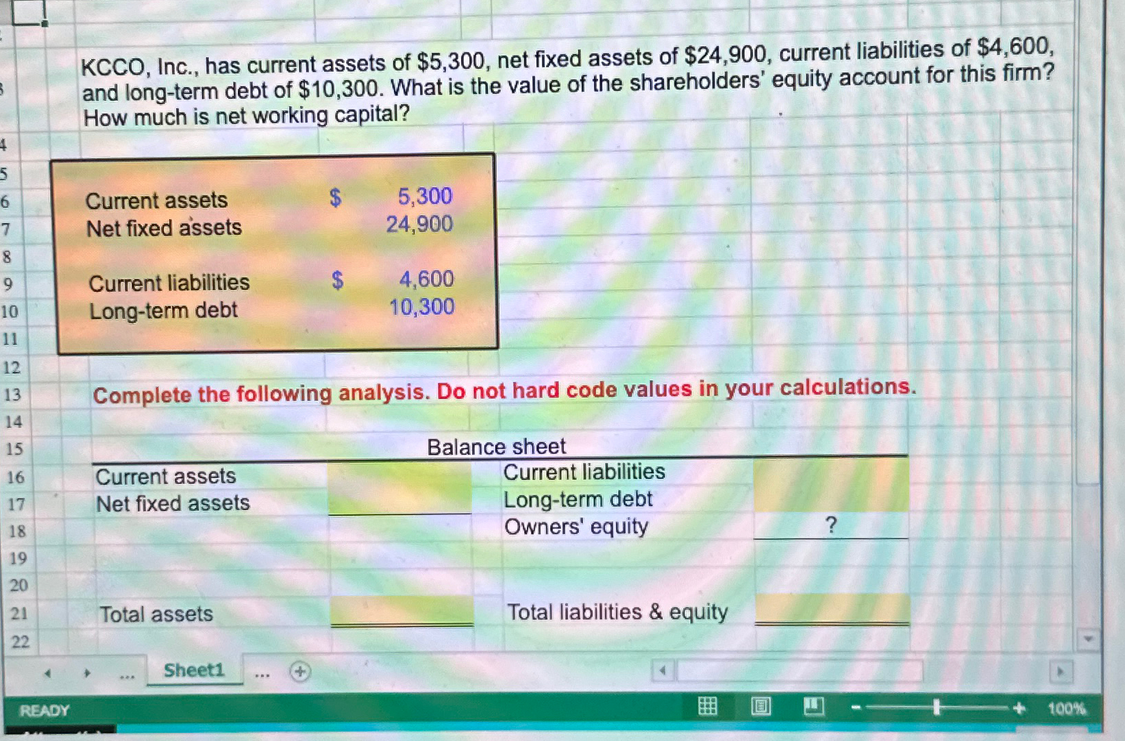 Solved KCCO, Inc., has current assets of $5,300, ﻿net fixed | Chegg.com