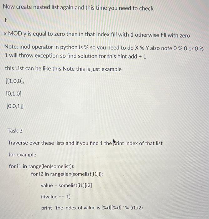 Solved enter x=3 and y=3 Task1 Create nested list based on x | Chegg.com