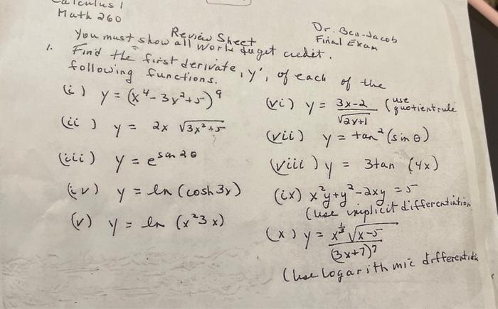 Solved Math 260 Dr. Bcin-dacob You must show allyin workect | Chegg.com