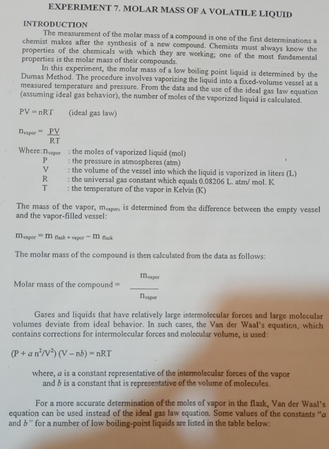 Solved EXPERIMENT 7. MOLAR MASS OF A VOLATILE LIQUID | Chegg.com