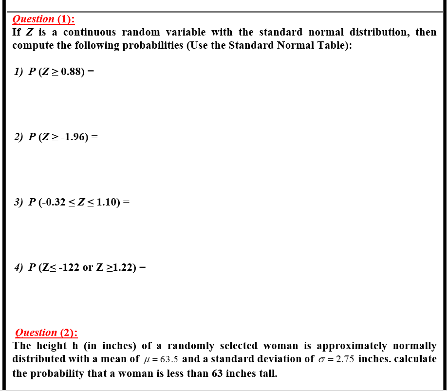 Question (1):If Z ﻿is a continuous random variable | Chegg.com