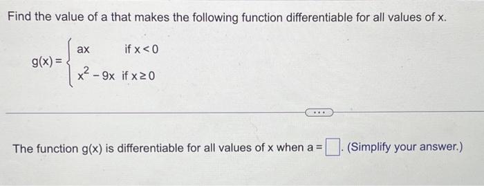 Solved Find the value of a that makes the following function | Chegg.com