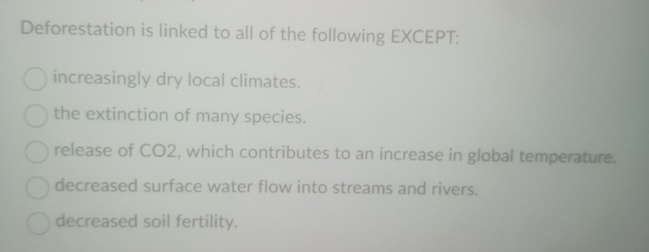 Solved Deforestation is linked to all of the following | Chegg.com