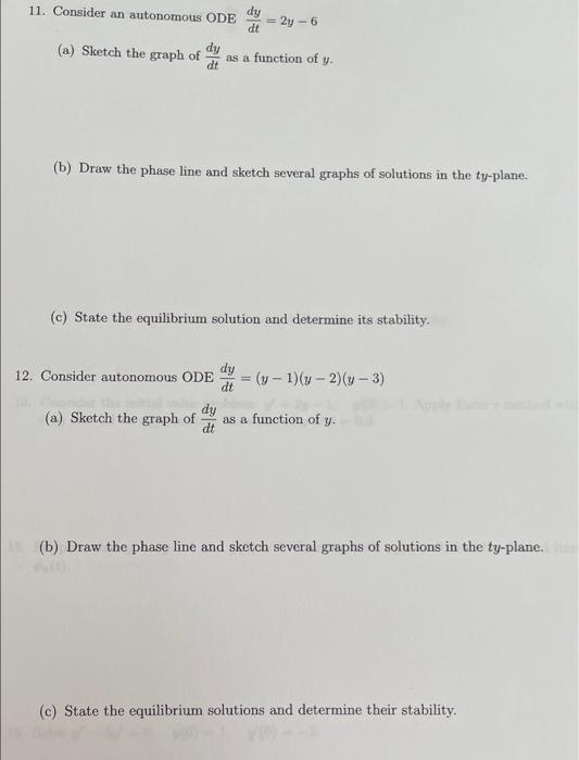 Solved 11. Consider an autonomous ODE dy = 2y - 6 dt (a) | Chegg.com