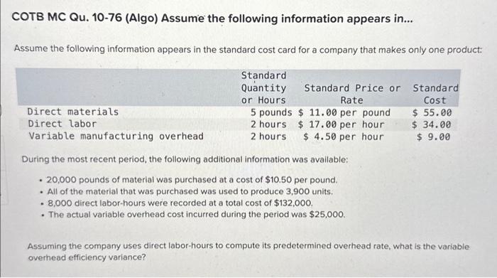 Solved COTB MC Qu. 10-76 (Algo) Assume the following | Chegg.com
