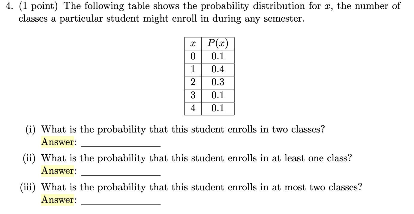 Solved 4. (1 ﻿point) ﻿The following table shows the | Chegg.com