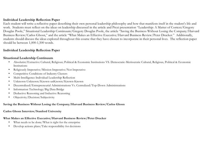 Solved Individual Leadership Reflection Paper Each student | Chegg.com
