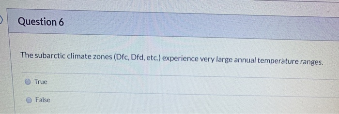 Solved Question 6 The subarctic climate zones (Dfc, Dfd, | Chegg.com