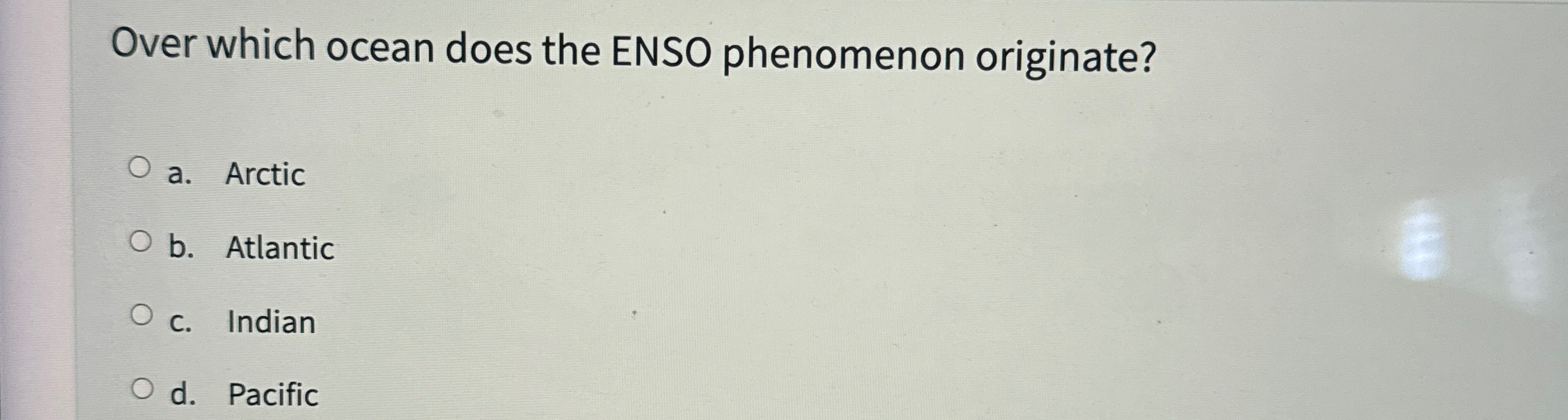 Solved Over which ocean does the ENSO phenomenon | Chegg.com
