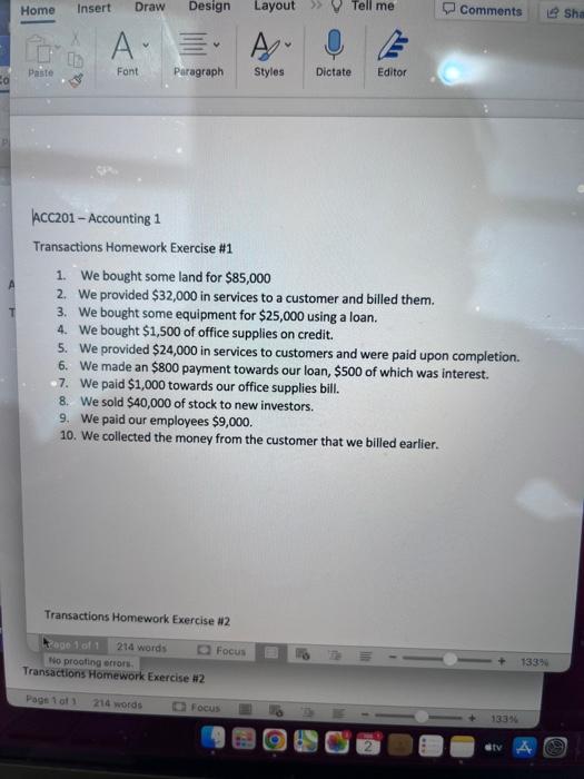 Solved ACC201 - Accounting 1 Transactions Homework Exercise | Chegg.com