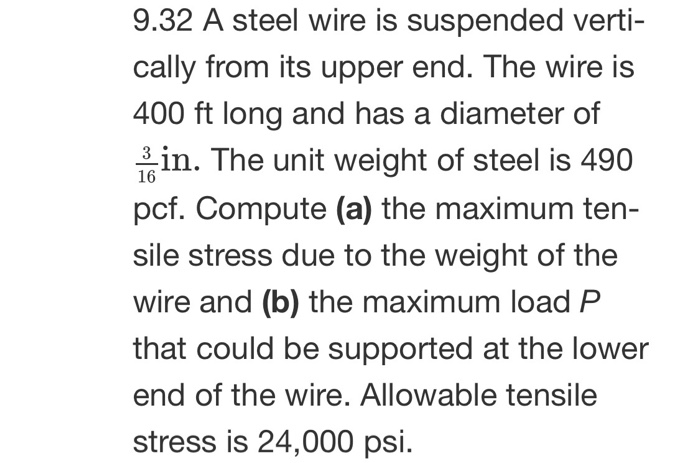 Solved 9.32 A steel wire is suspended verti- cally from its | Chegg.com