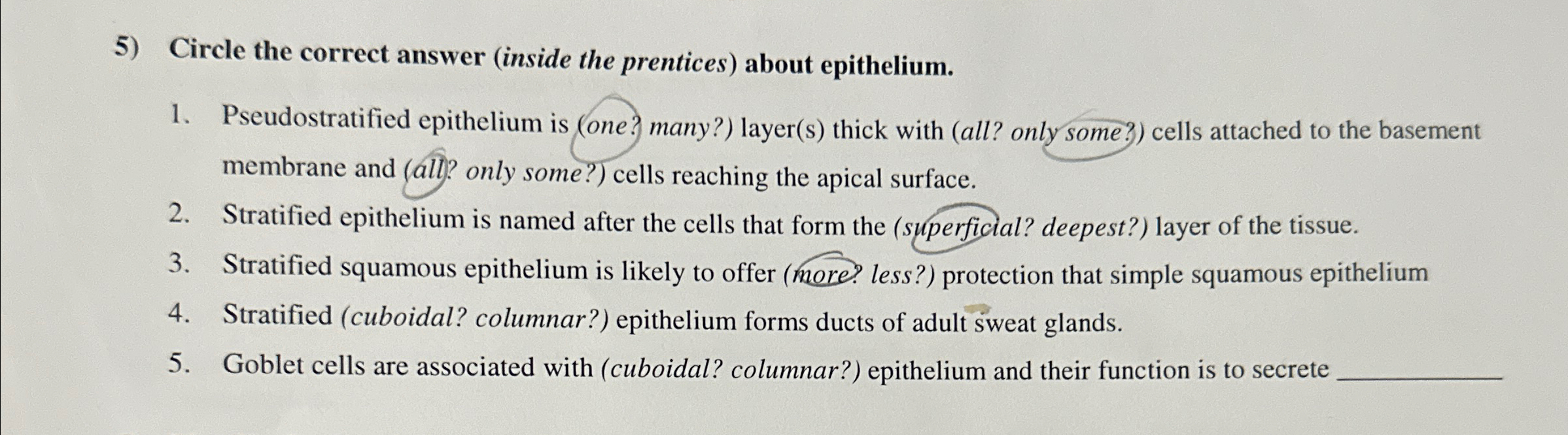 Solved Circle the correct answer (inside the prentices) | Chegg.com