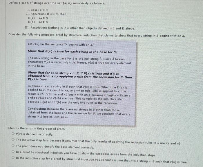 Solved Define a set S of strings over the set {a,b} | Chegg.com