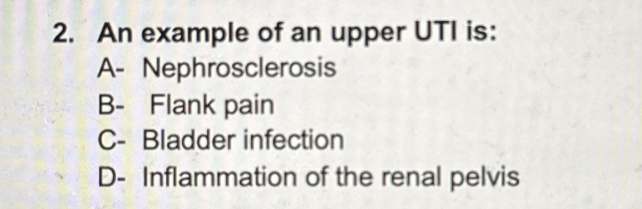 Solved An example of an upper UTI is:A- ﻿NephrosclerosisB- | Chegg.com