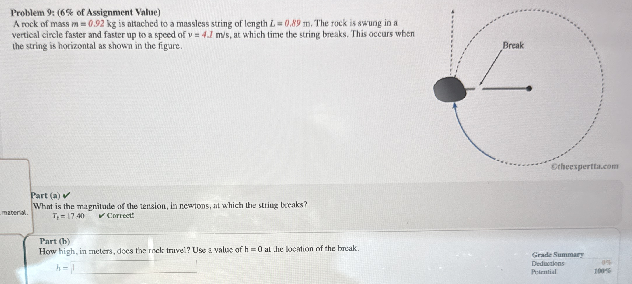 Solved Problem 9: ( 6% ﻿of Assignment Value)A rock of mass | Chegg.com