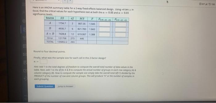 Solved Here is an ANOVA summary table for a 2 -way | Chegg.com