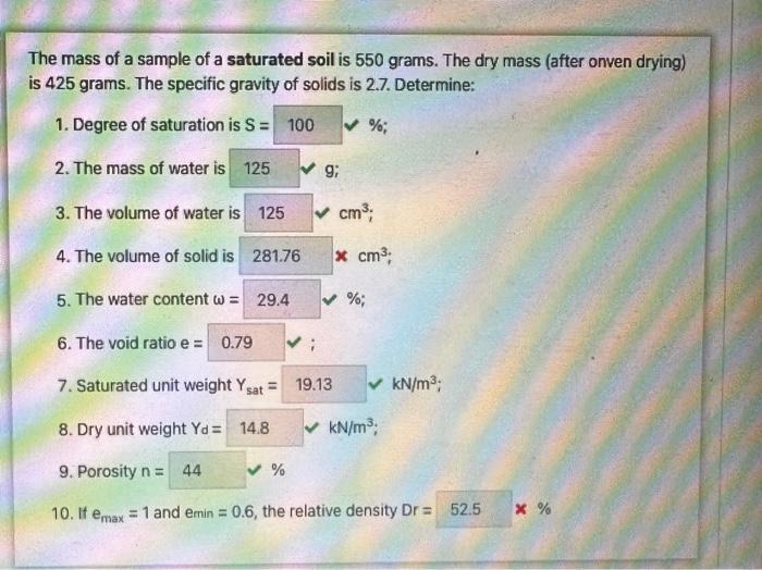 Solved The mass of a sample of a saturated soil is 550 | Chegg.com
