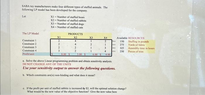 Solved SABA toy manufacturers make four different types of | Chegg.com