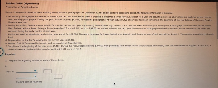 Solved Problem 3-65A (Algorithmic) Preparation of Adjusting | Chegg.com