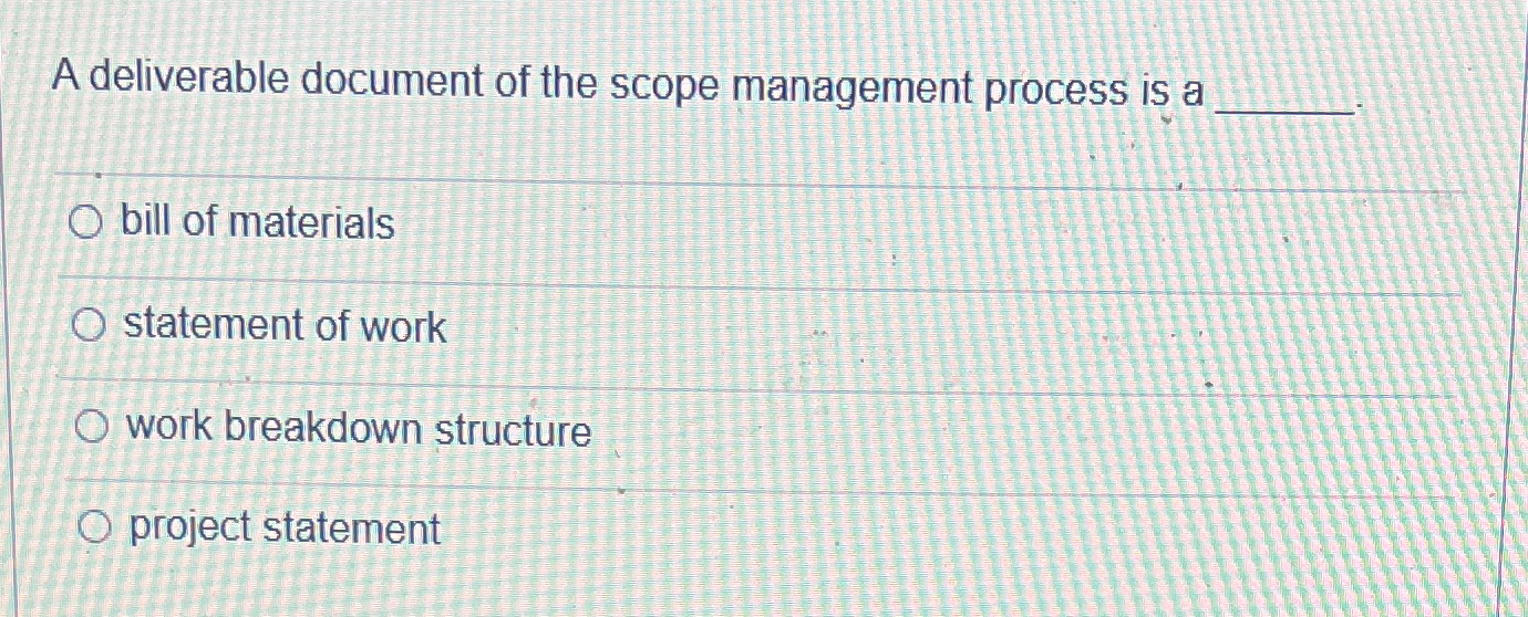 Solved A deliverable document of the scope management | Chegg.com
