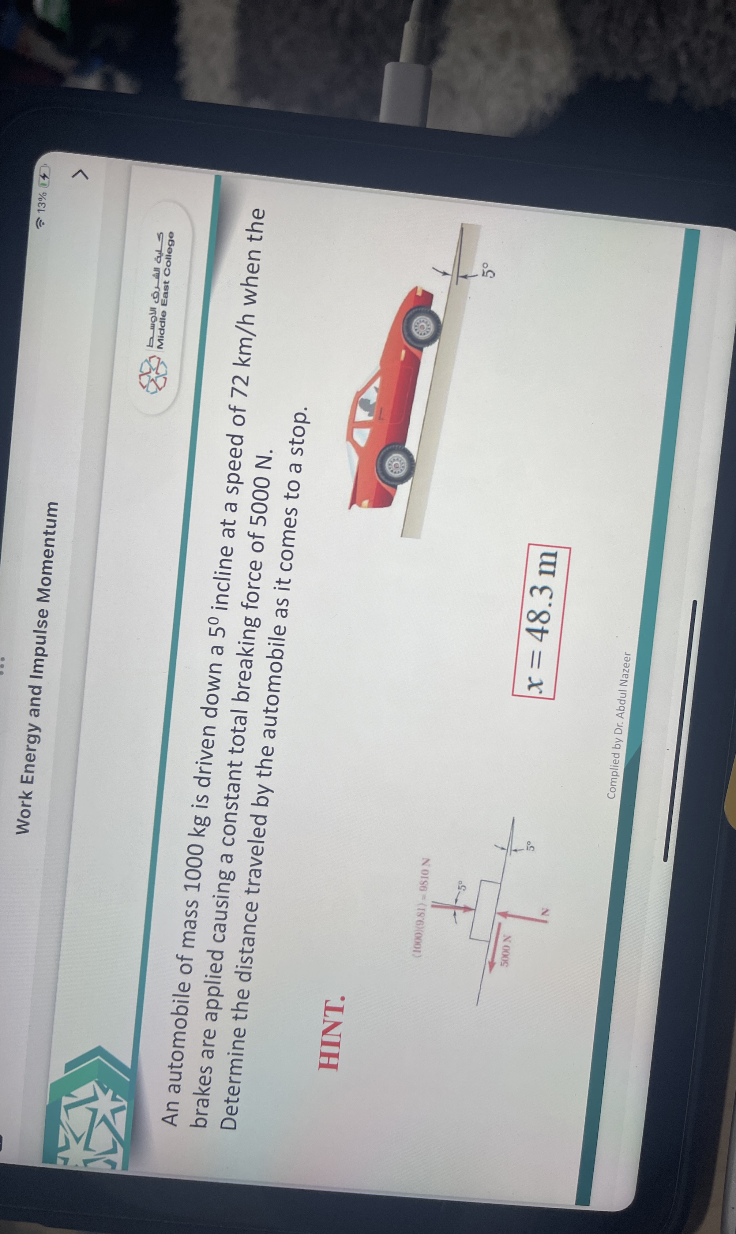 Solved Work Energy and Impulse Momentum13% (14)127An | Chegg.com