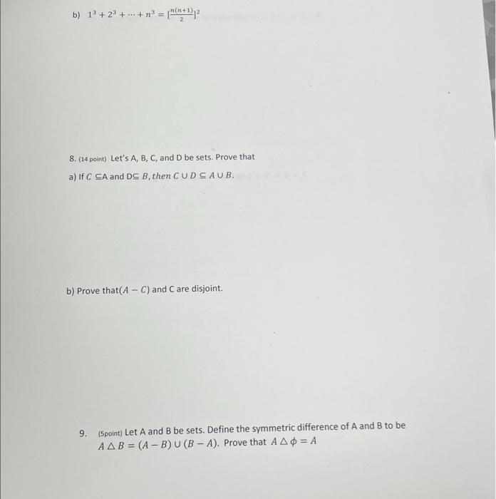 Solved b) 13+23+⋯+n3=[2n(n+1)]2 8. (14 point) Let's A,B,C, | Chegg.com