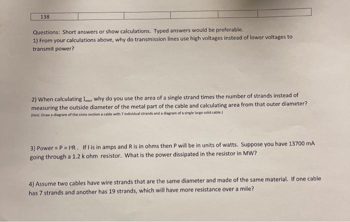 Solved Transmission Line Conductor Cable Lab Name Do these | Chegg.com