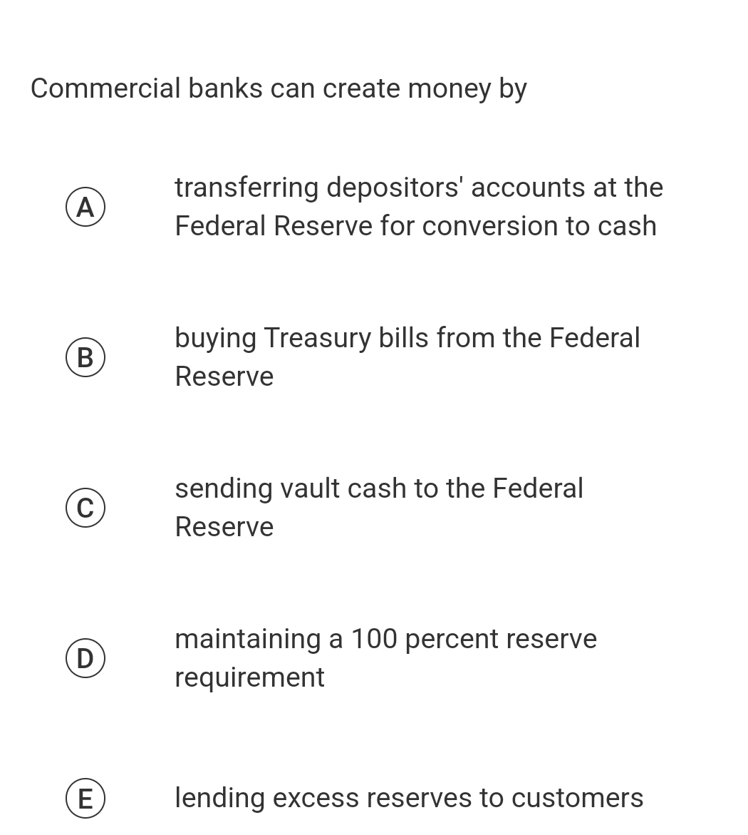Solved Commercial banks can create money byA transferring | Chegg.com