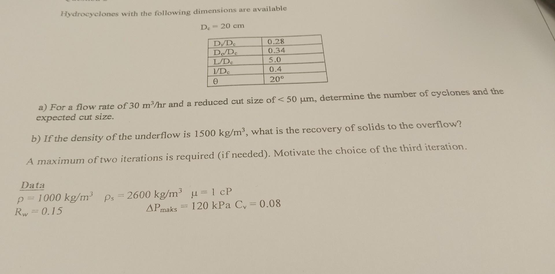 Solved Hydrocyclones with the following dimensions are | Chegg.com