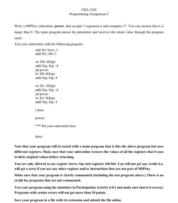 Solved Cda 3102 Programming Assignment 2 Write A Mipszy 