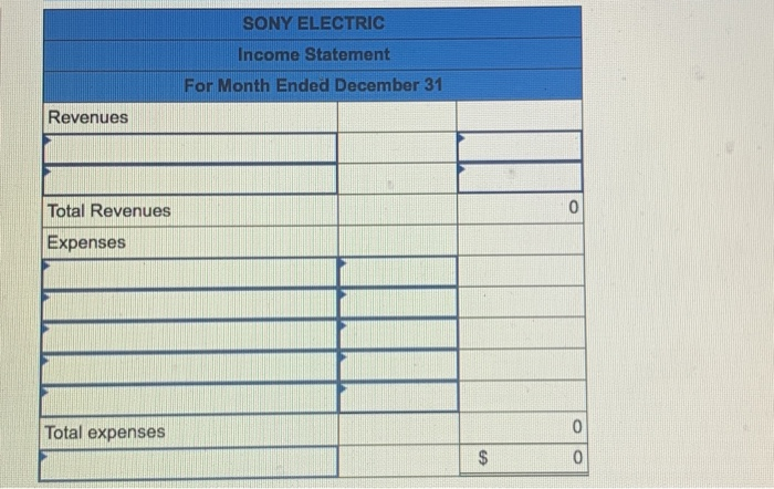 SONY ELECTRIC Income Statement For Month Ended | Chegg.com