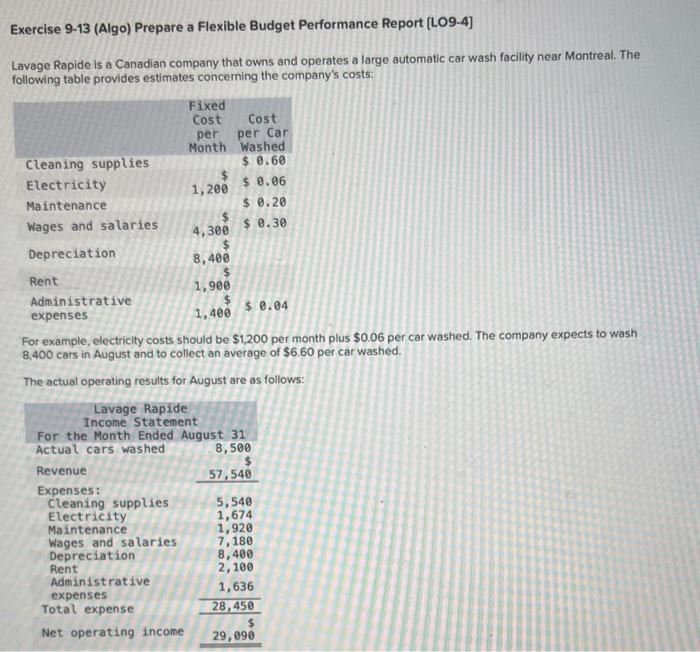 Solved Exercise 9-13 (Algo) Prepare a Flexible Budget | Chegg.com